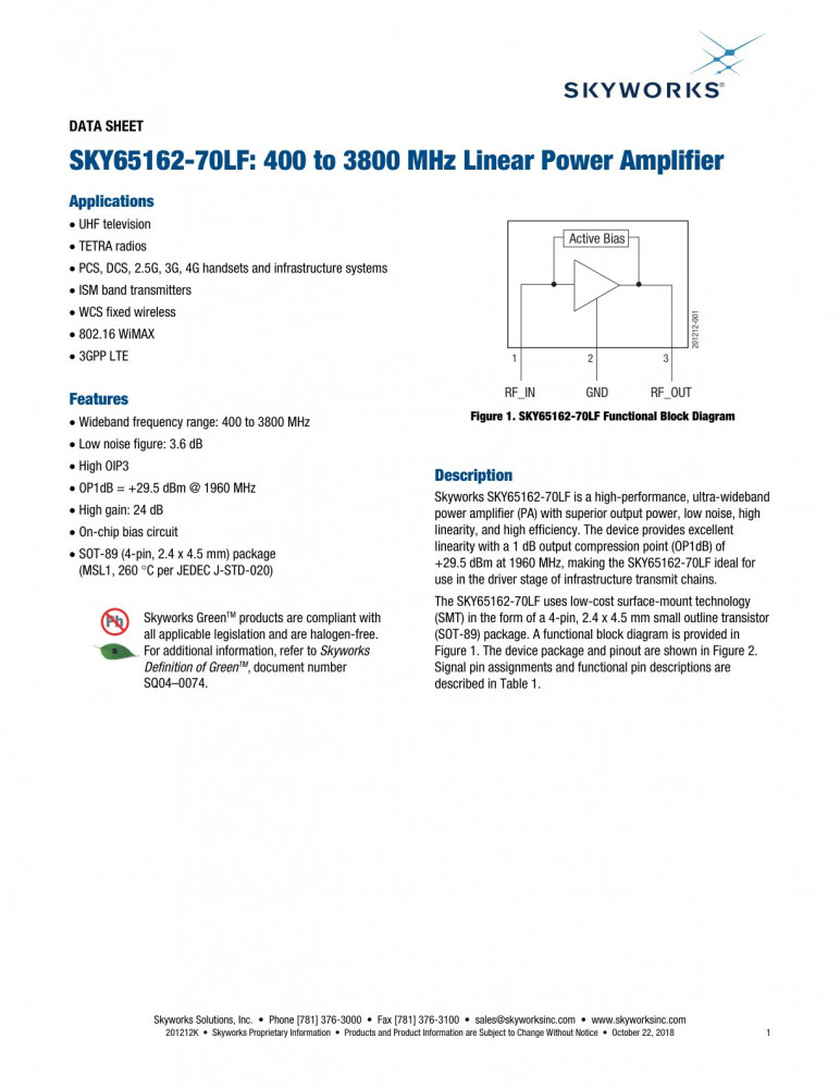 SKY65162-70LF datasheet page 1