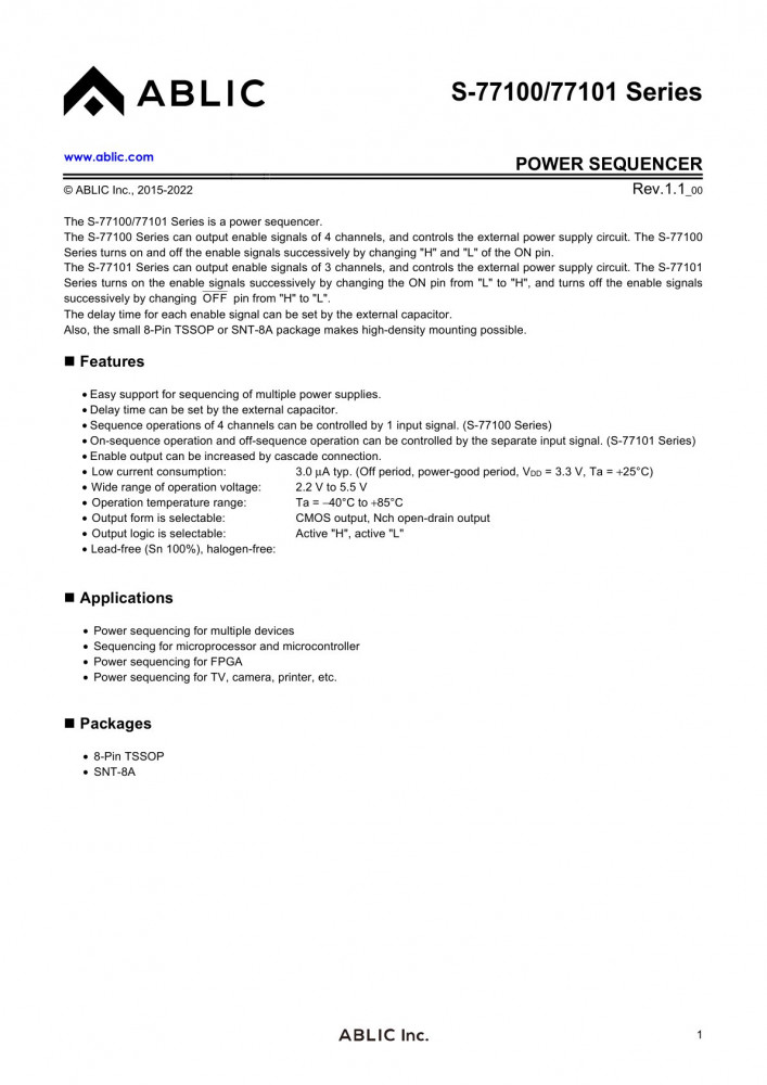 ABLIC S-77100/77101 datasheet page 1