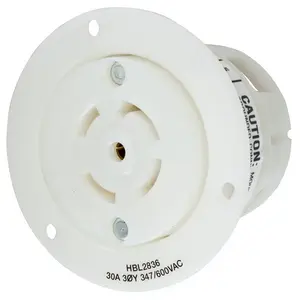 Locking Devices, Twist-Lock®, Industrial, Flanged Receptacle, 30A 3-Phase Wye 347/600V AC, 4-Pole 5-Wire Grounding, L23-30R, Screw Terminal, White for sale