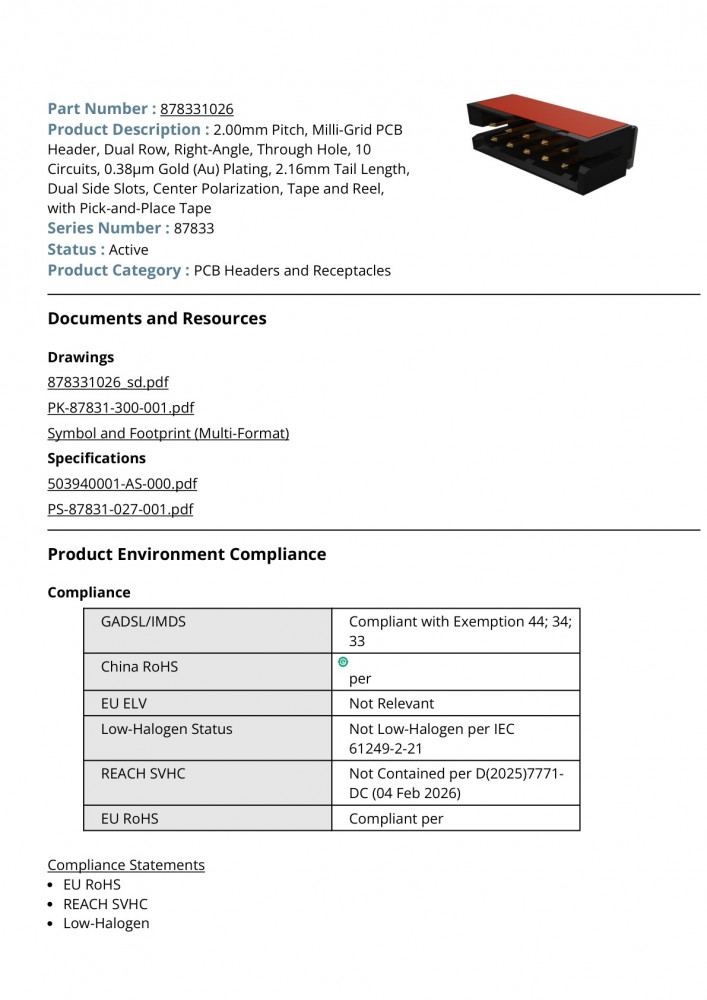 MOLEX 878331026 technical document preview, page 1