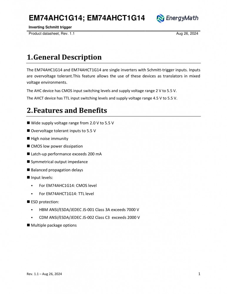 EM74AHC1G14GV datasheet page 1