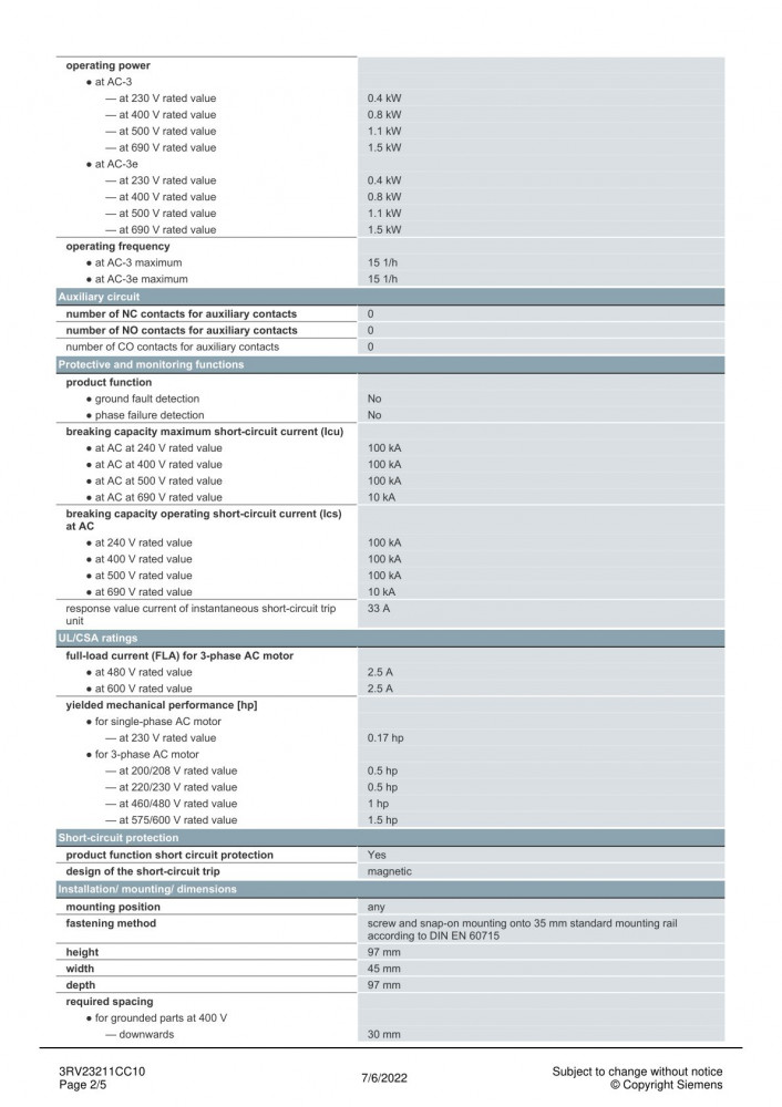 3RV23211CC10 datasheet page 2