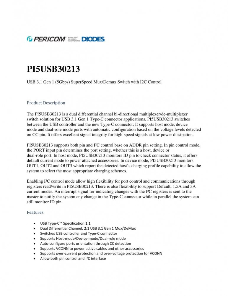 PI5USB30213 technical document page 1