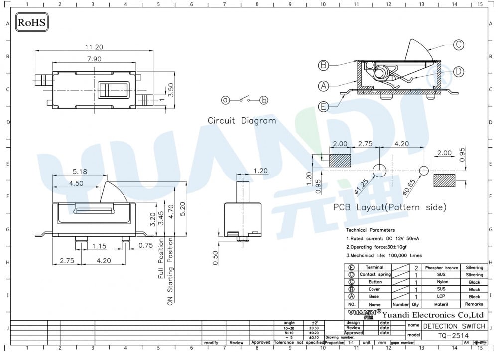 Yuandi TQ-2514 detection switch technical drawing