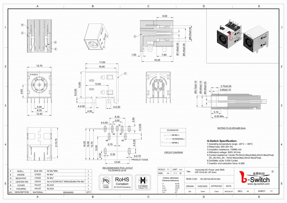 G-Switch DC-S013A-D010-25A technical drawing and material table