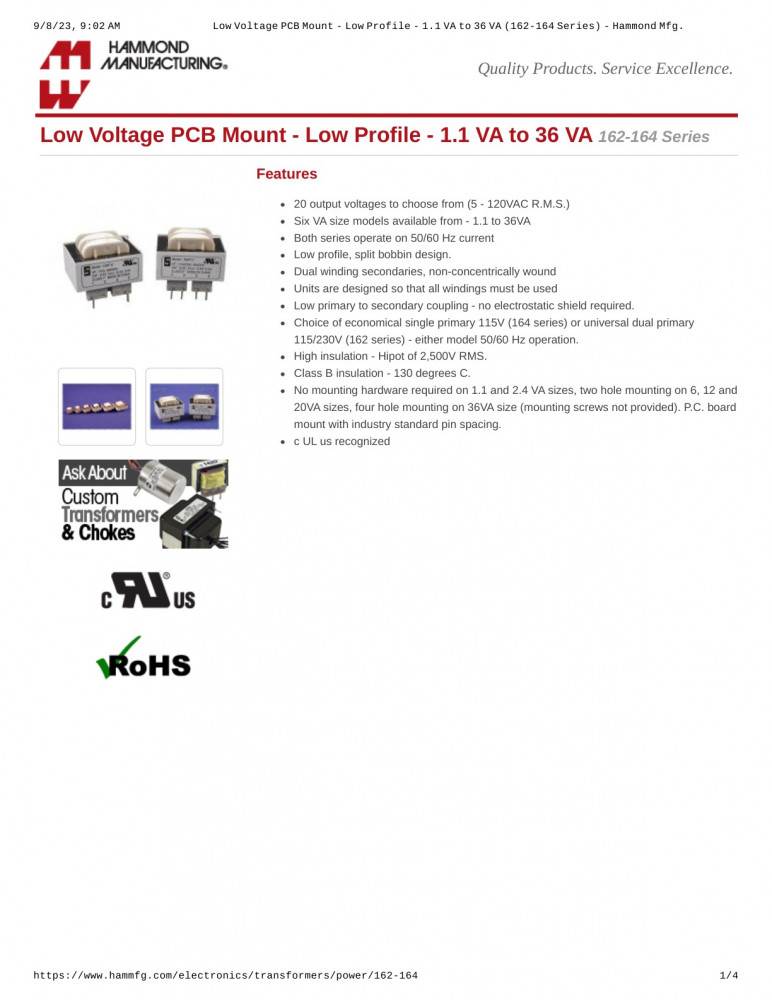 Hammond 162-164 series technical document page 1