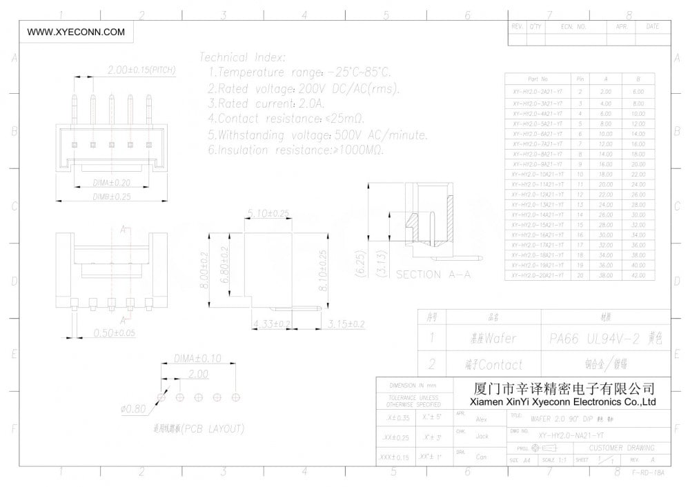 XYECONN XY-HY2.0-5A21-YT technical drawing page