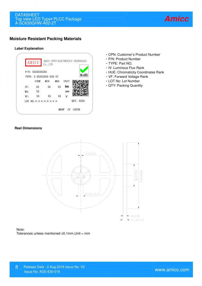 A-SC630GHW-A02-2T reel dimensions page