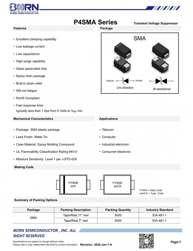 P4SMA series datasheet page 1