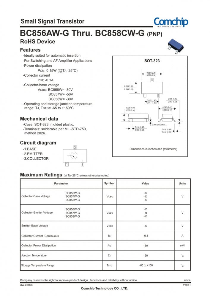 Comchip BC856CW-G datasheet page 1