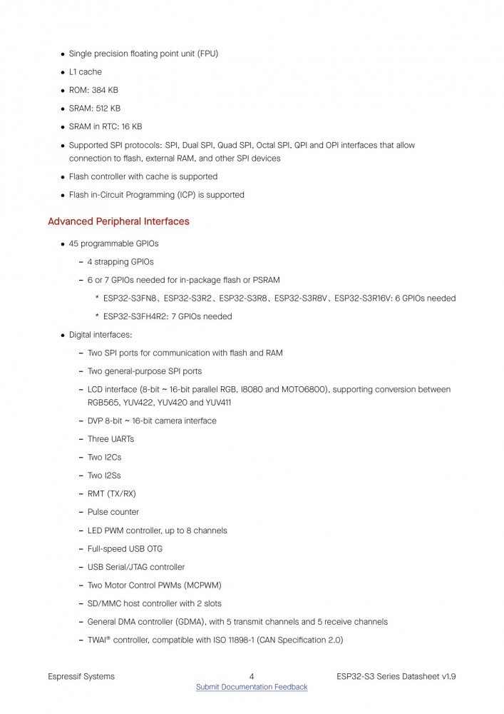 ESP32-S3 datasheet page 4