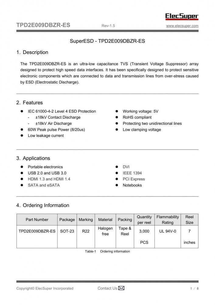 TPD2E009DBZR-ES datasheet page 1