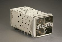 Small Form-factor Pluggable Plus (SFP+) Stacked 2-by-6 Multi-Port Connector with 2 Outer Lightpipe Ports, Elastomeric Gasket, 240 Circuits, Tin (Sn) Tails