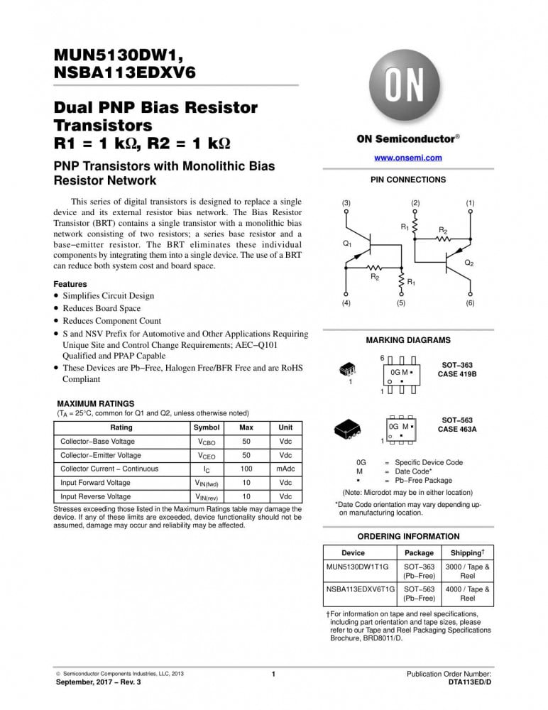 MUN5130DW1T1G datasheet page 1