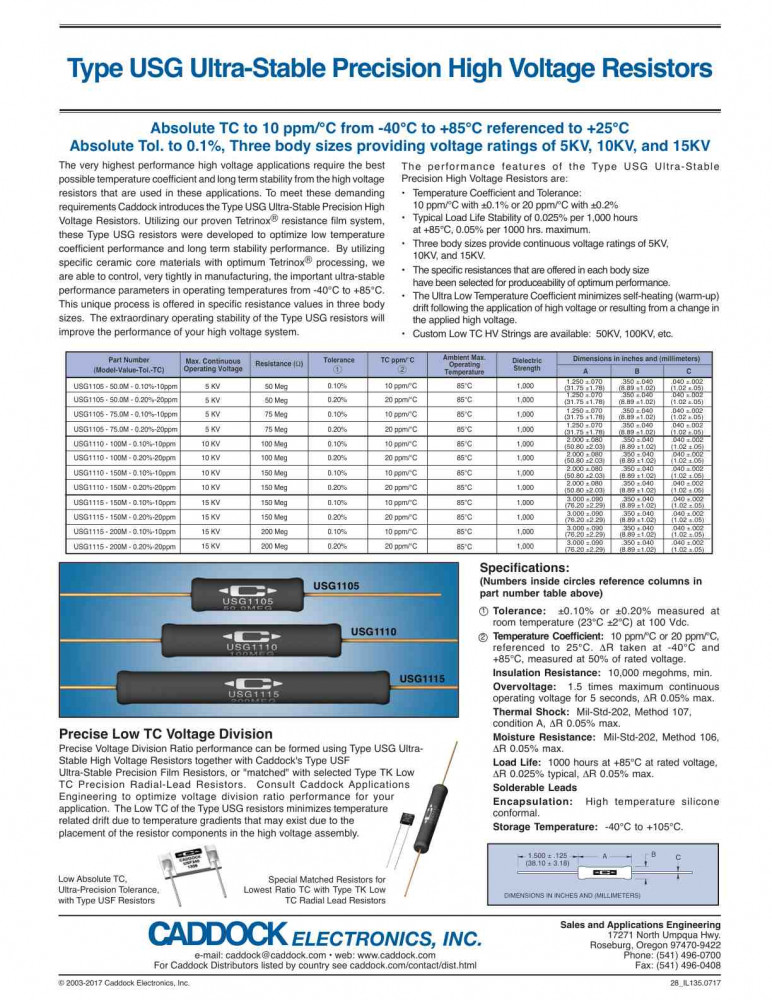 Caddock USG Ultra-Stable Precision High Voltage Resistors product document page
