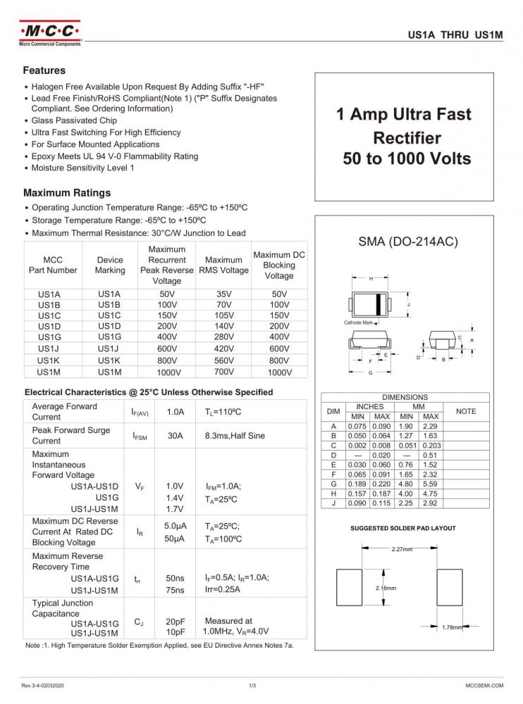 US1K series datasheet page 1