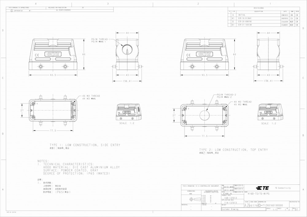 TE Connectivity H6B-TS-M25 technical drawing page 1