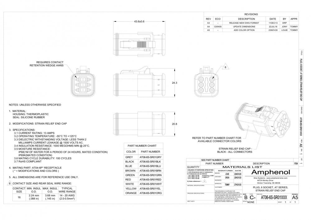 Amphenol AT06-6S-SR01BLK technical drawing page 1