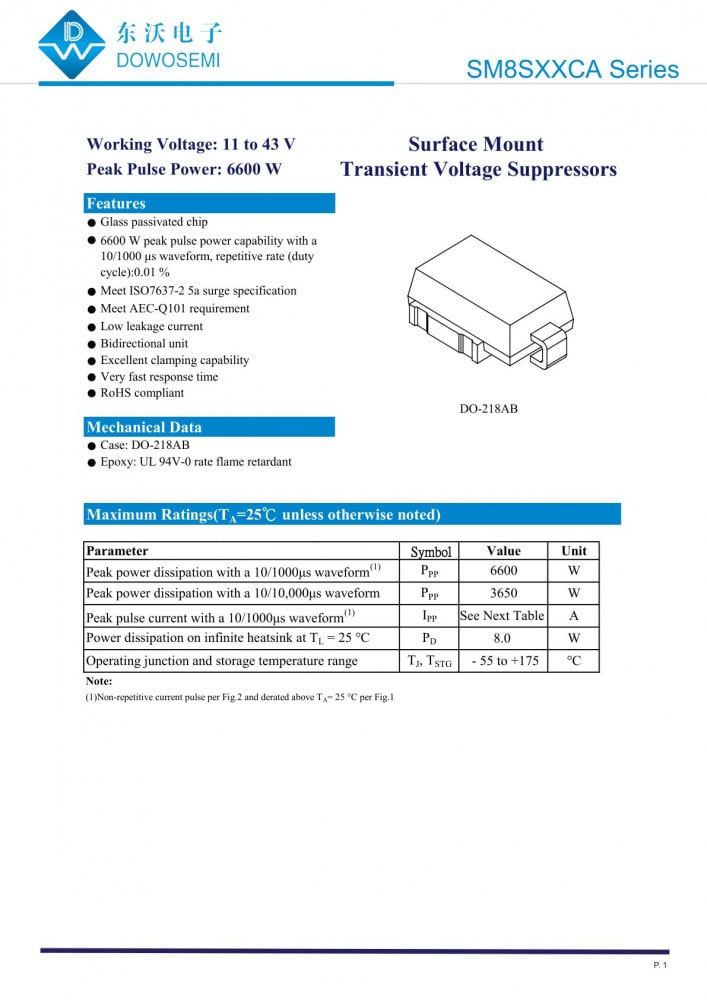 DOWO SM8S11CA datasheet page 1