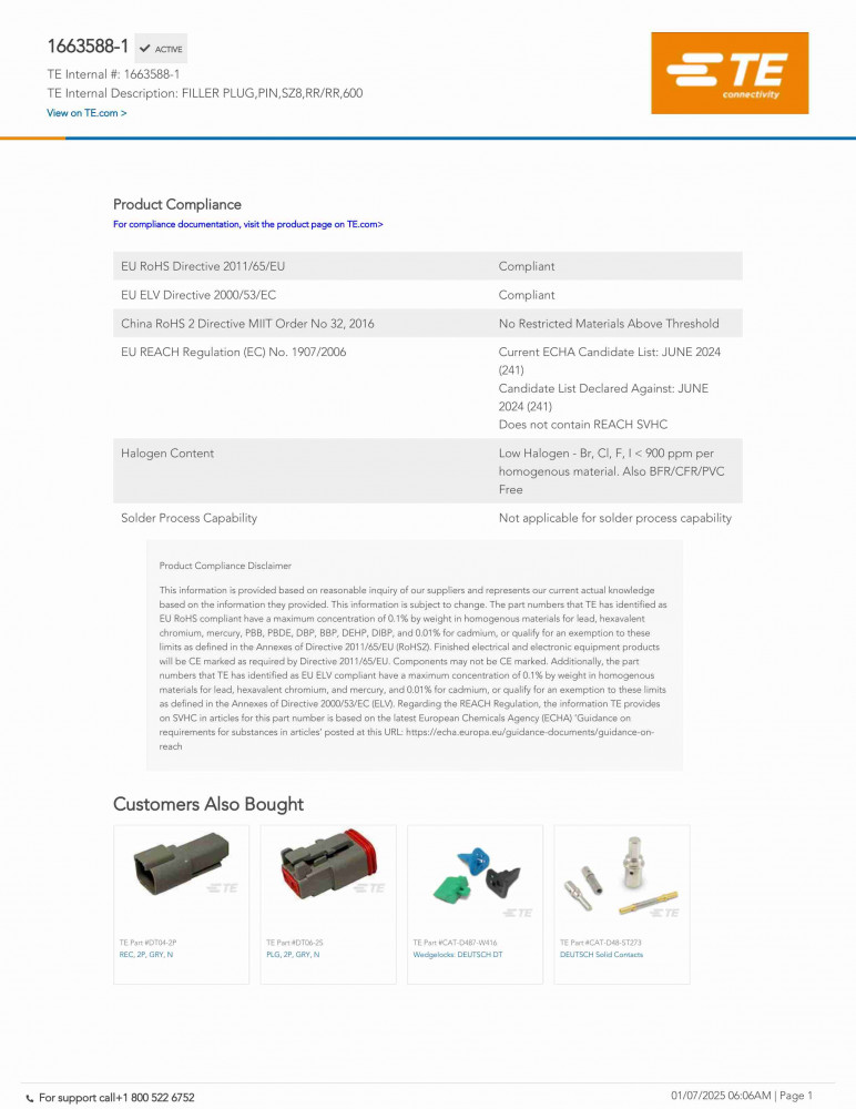 TE Connectivity technical document page 1