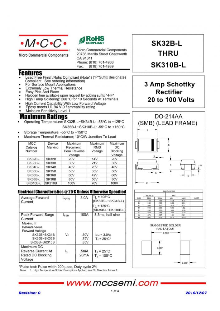 MCC SK33B-LTP datasheet page 1