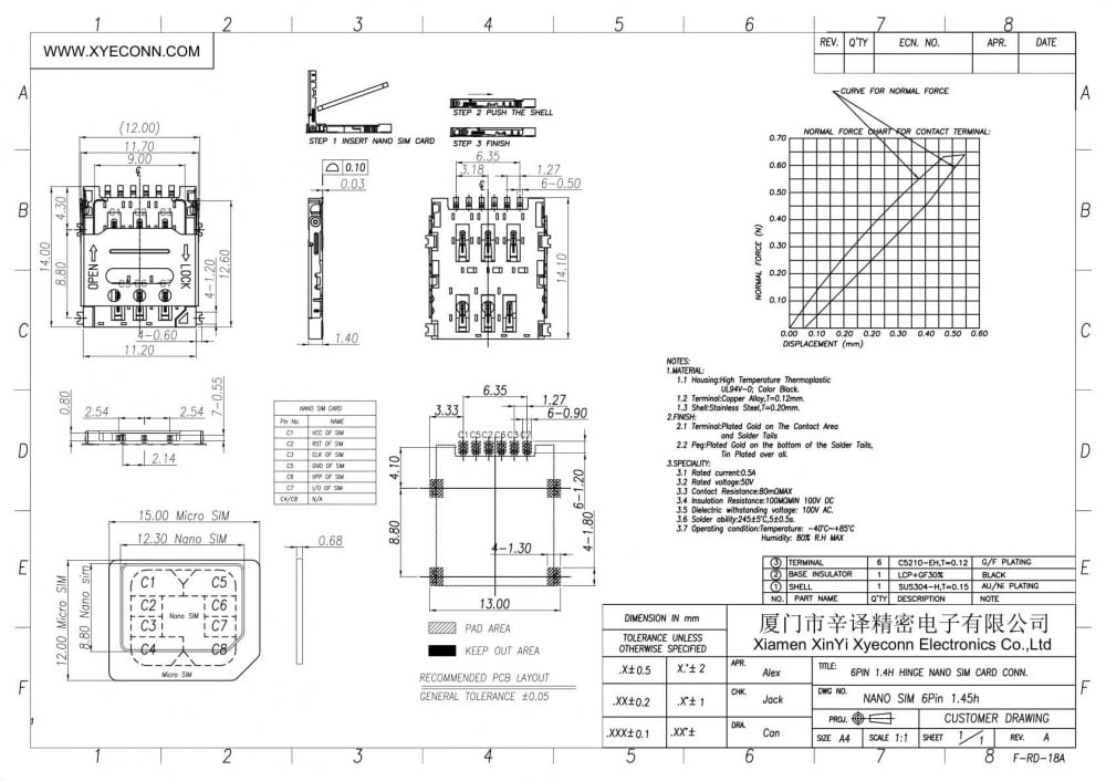 XYECONN NANO SIM 6Pin 1.45h technical drawing page 1
