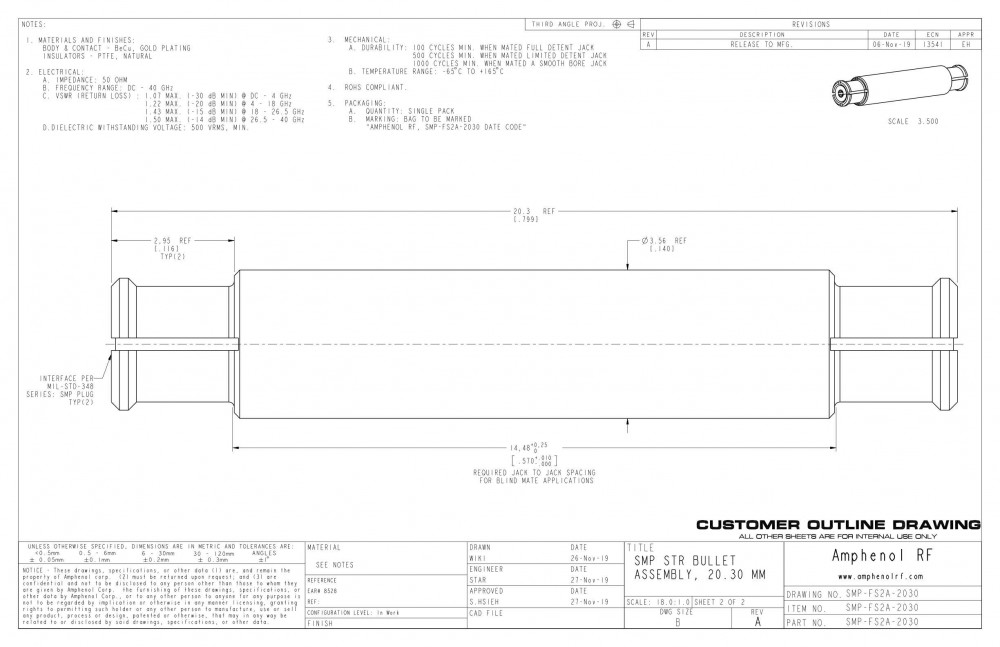 Amphenol SMP-FS2A-2030 customer outline drawing