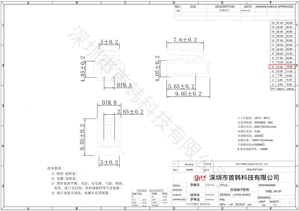 XHB2.54-6Y specification page 1