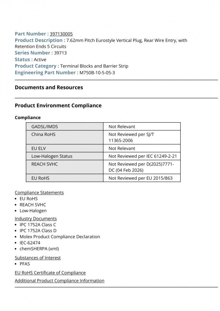 MOLEX 397130005 product document preview, page 1