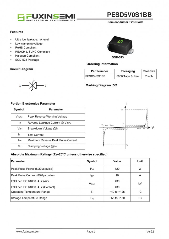 PESD5V0S1BB datasheet page 1