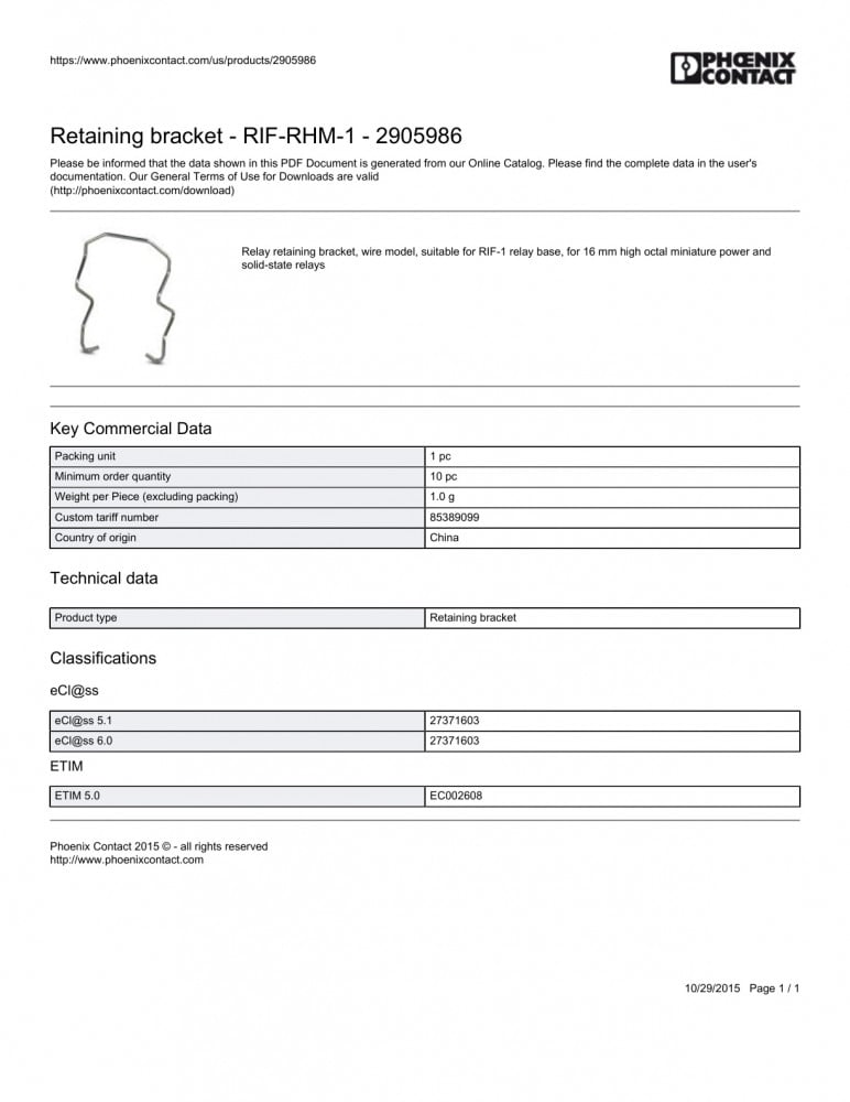 Phoenix Contact 2905986 RIF-RHM-1 technical document page