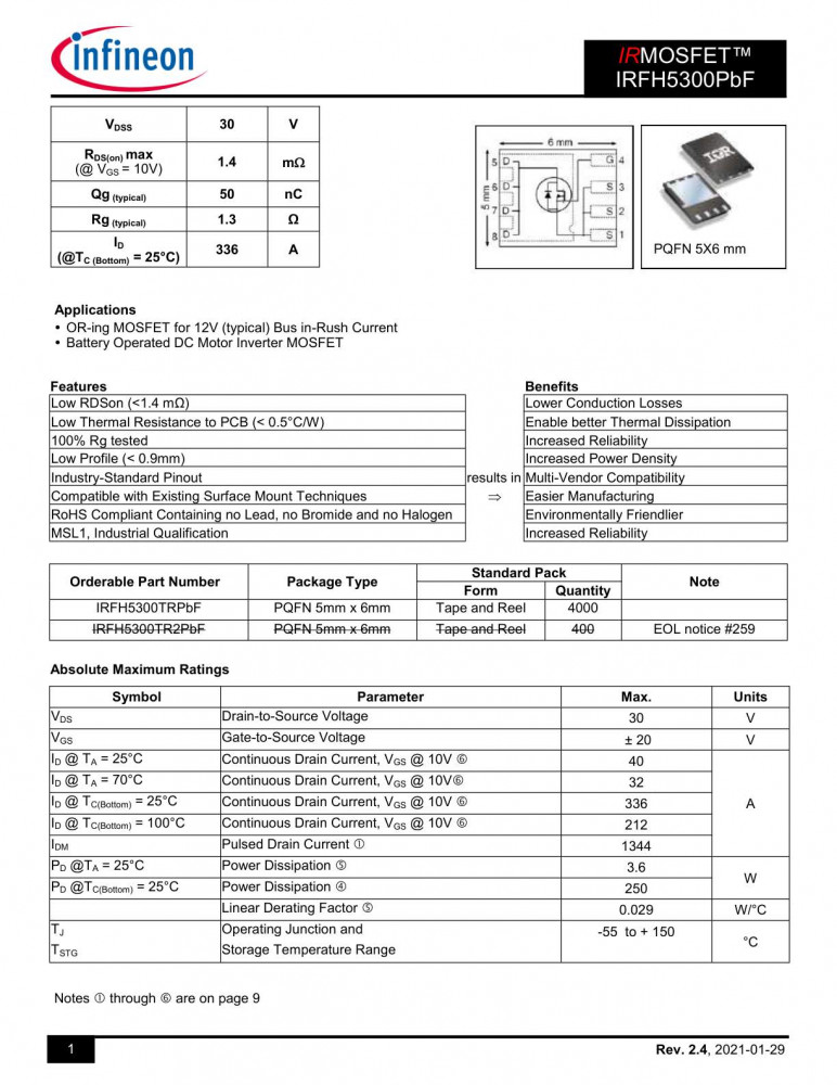 IRFH5300TRPBF datasheet page 1