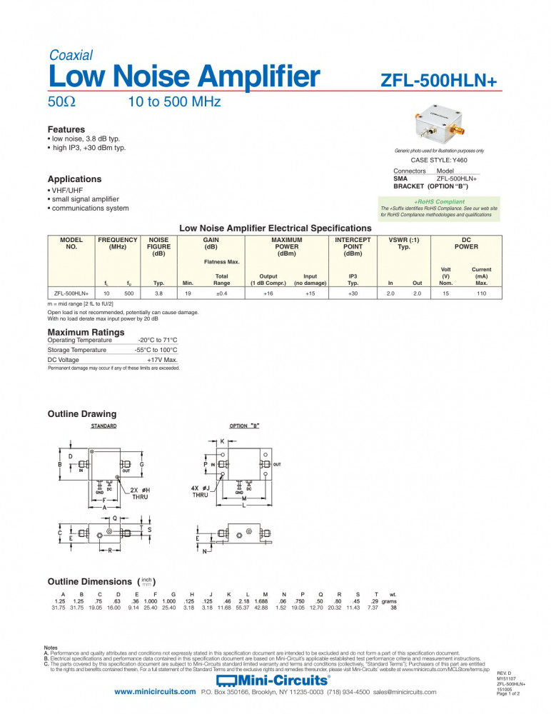 ZFL-500HLNB+ datasheet page 1