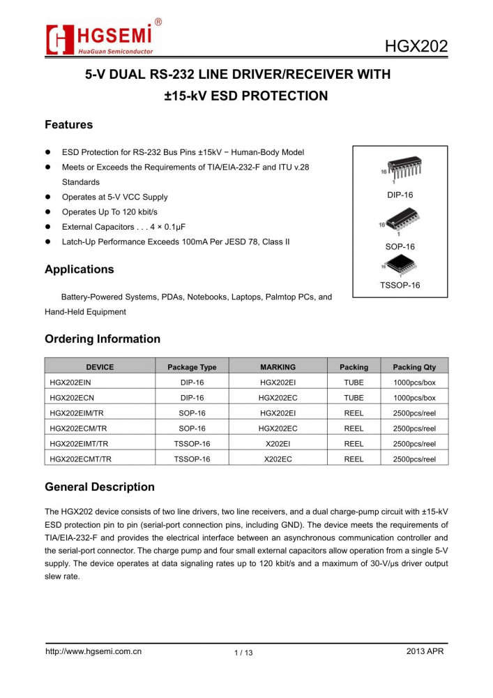 HGX202EIN datasheet page 1