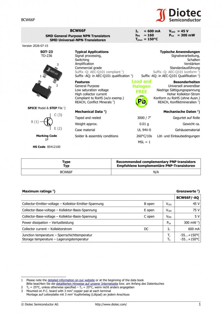 BCW66F technical document, page 1