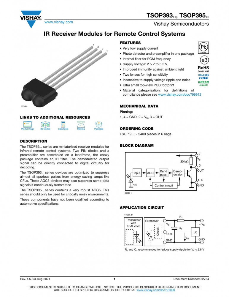 TSOP39338 datasheet page 1