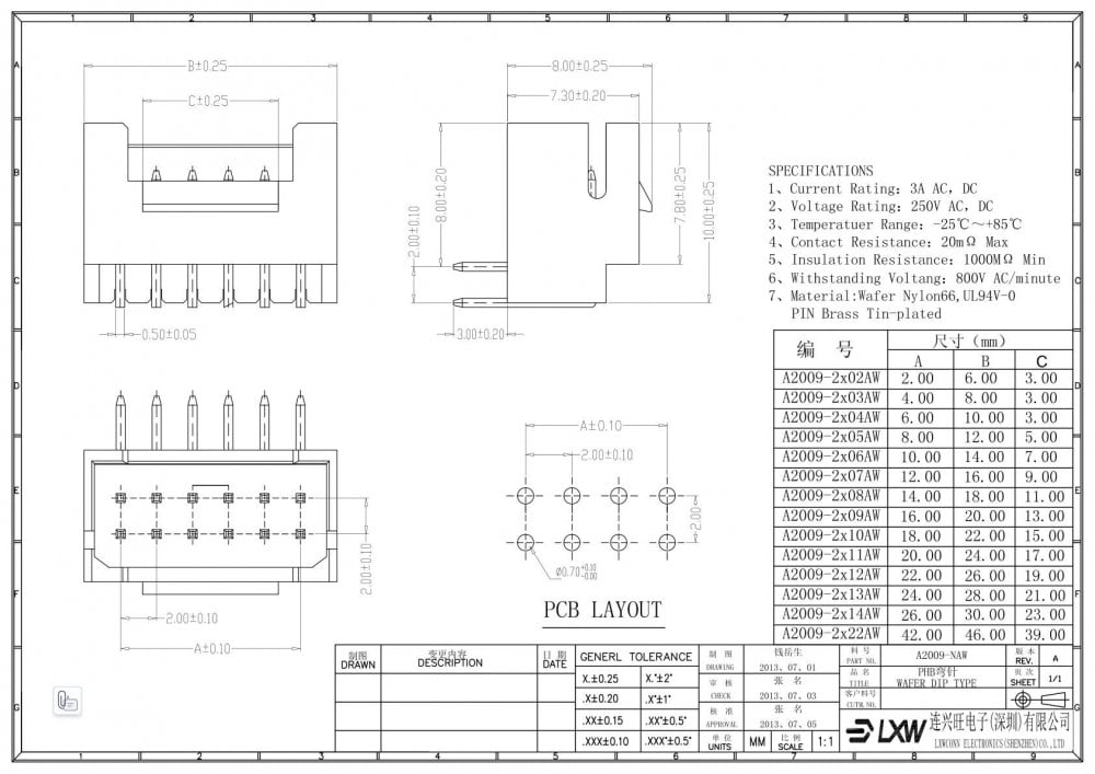 LXWCONN A2009 wafer connector PCB layout page