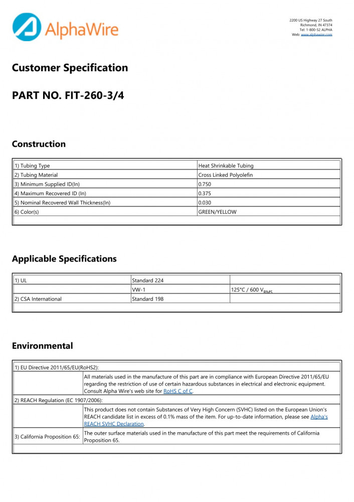Alpha Wire F2603/4 GY003 technical document page 1