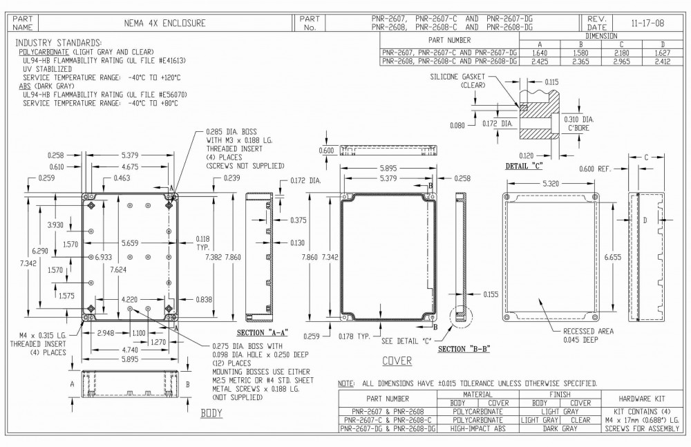 PNR-2608-C enclosure product drawing and material reference