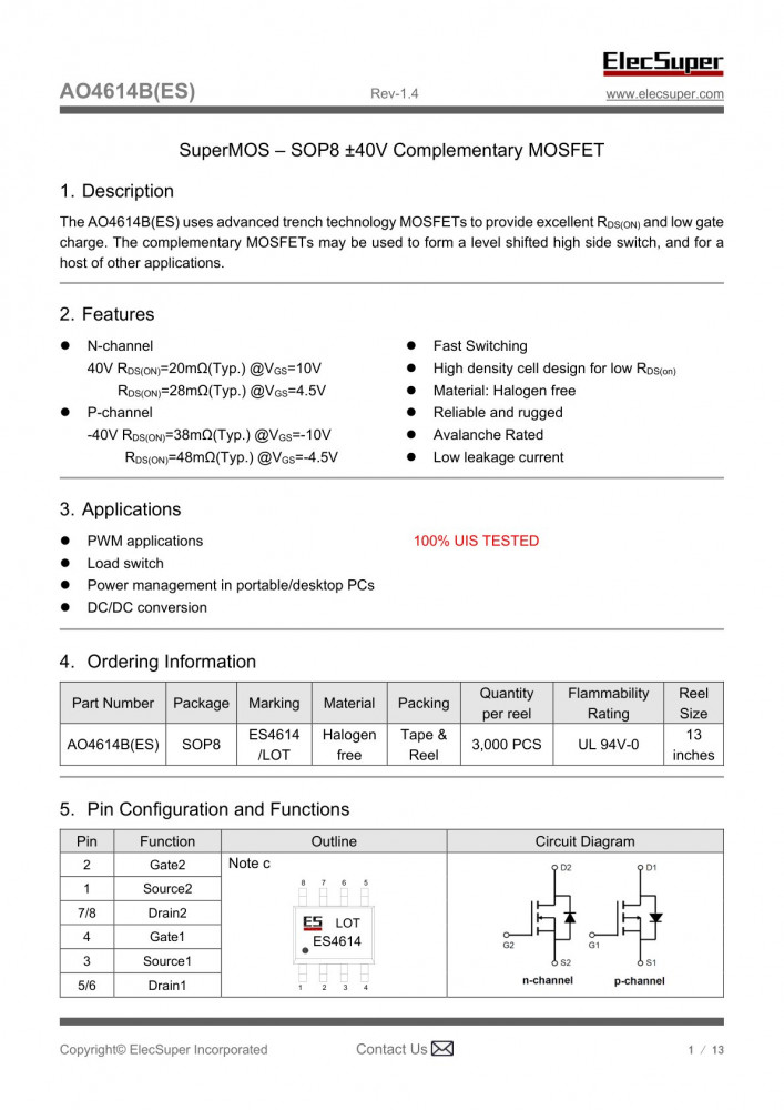 AO4614B(ES) datasheet page 1