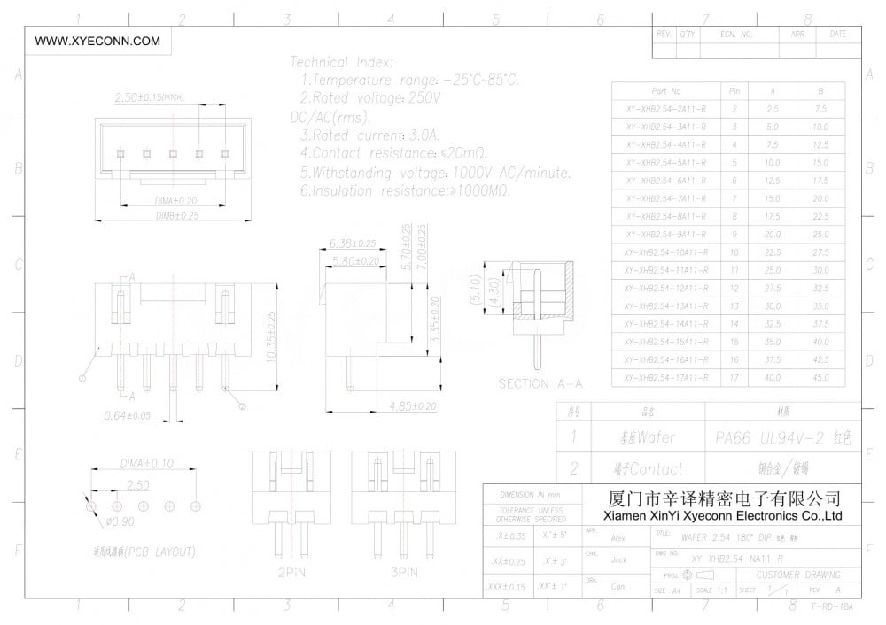 XYECONN 2.54 mm wafer technical drawing