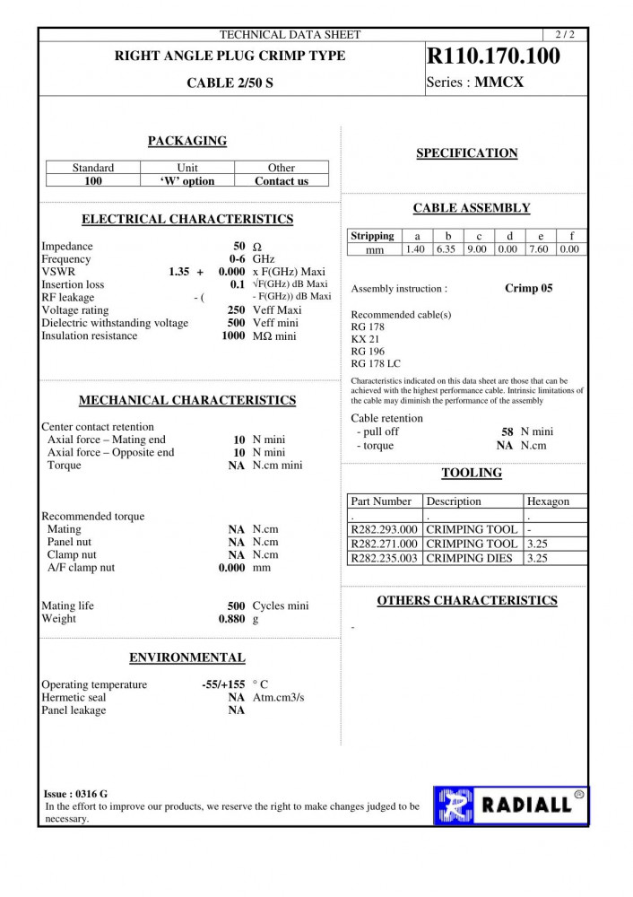 Radiall R110170100 technical data sheet page 2