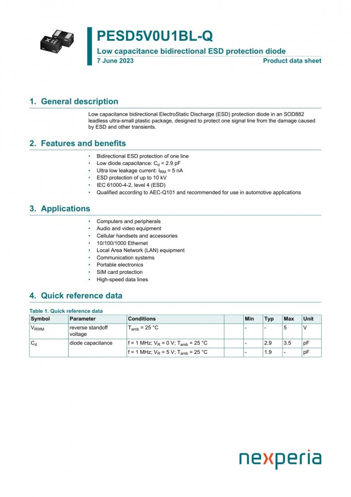 PESD5V0U1BL-QYL datasheet page 1