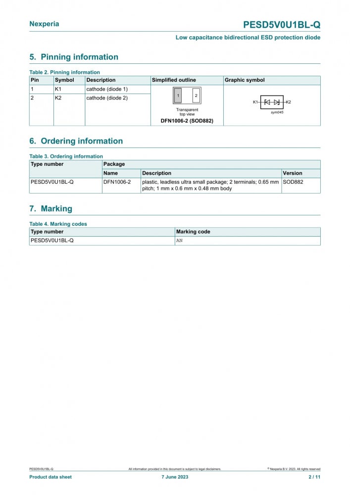 PESD5V0U1BL-QYL datasheet page 2