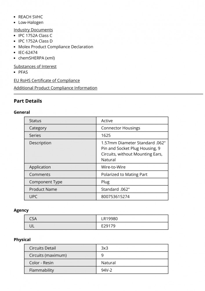 MOLEX .062 miniature connector product specification, page 2