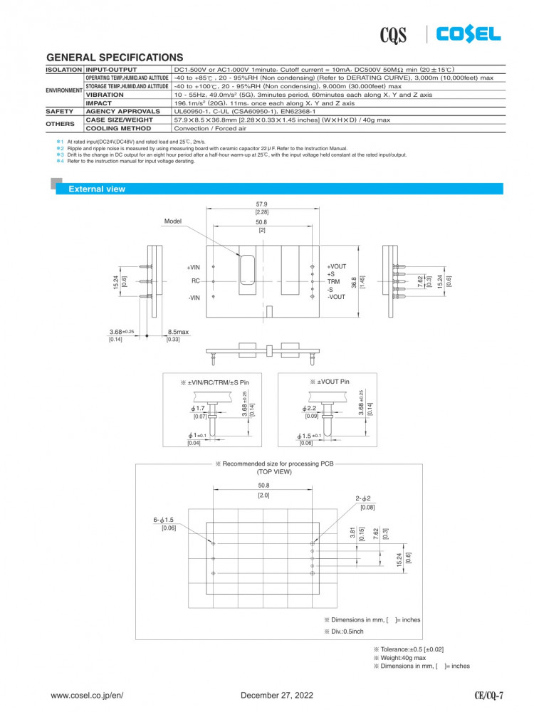 Cosel CQS series datasheet page 3