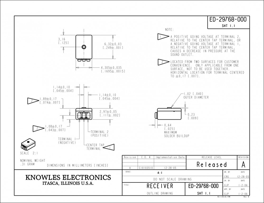 Knowles receiver performance specification, document image page 1