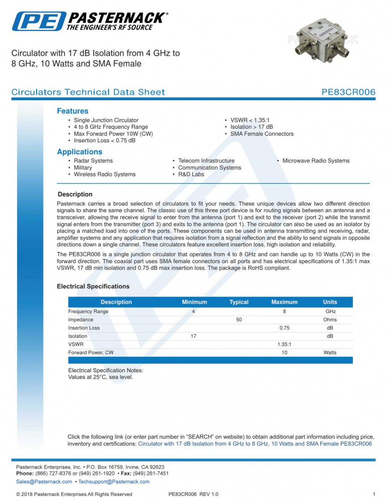 PE83CR006 technical data sheet page 1