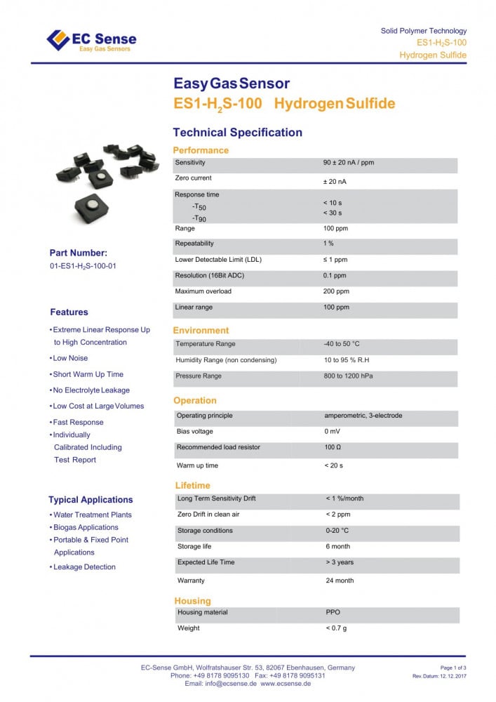 ES1-H2S-100-01 technical document page 1