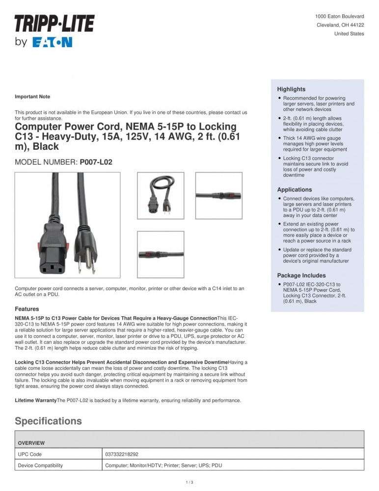 P007-L02 product documentation page 1